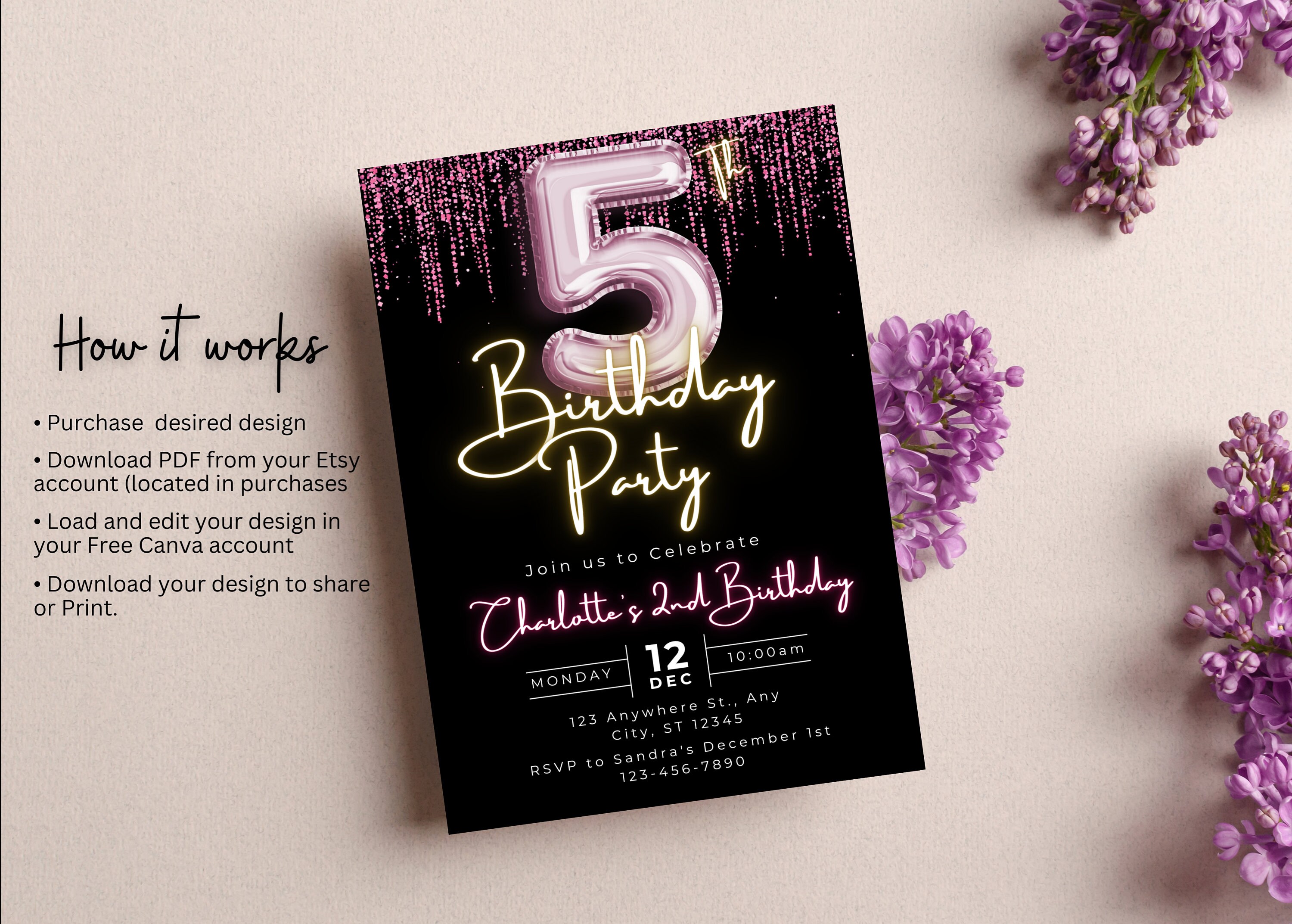 Editable Fifth Birthday Invitation Template, Printable Pink Balloon 5th ...