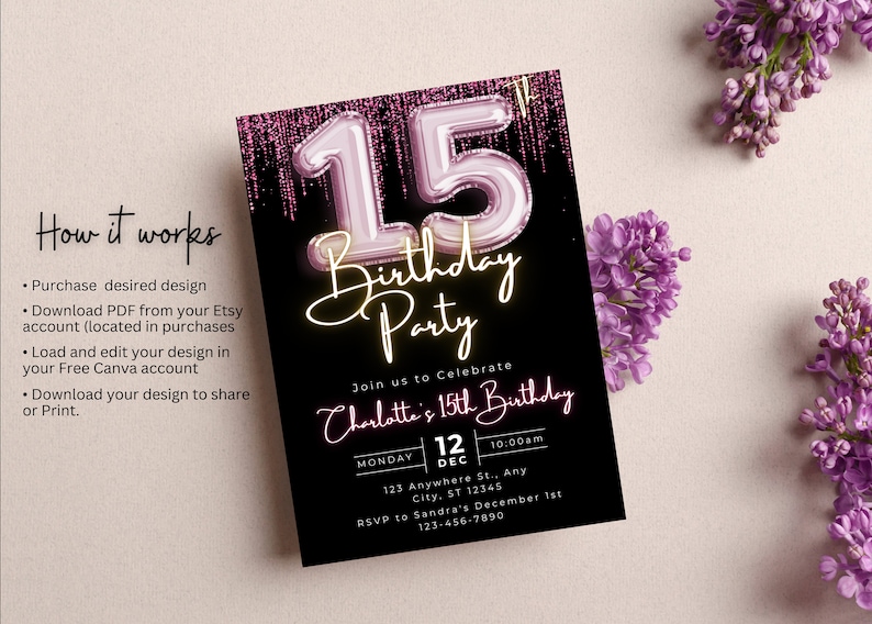 Editable 15th Birthday Invitation Template, Printable Pink Balloon Fifteenth Birthday Party ...
