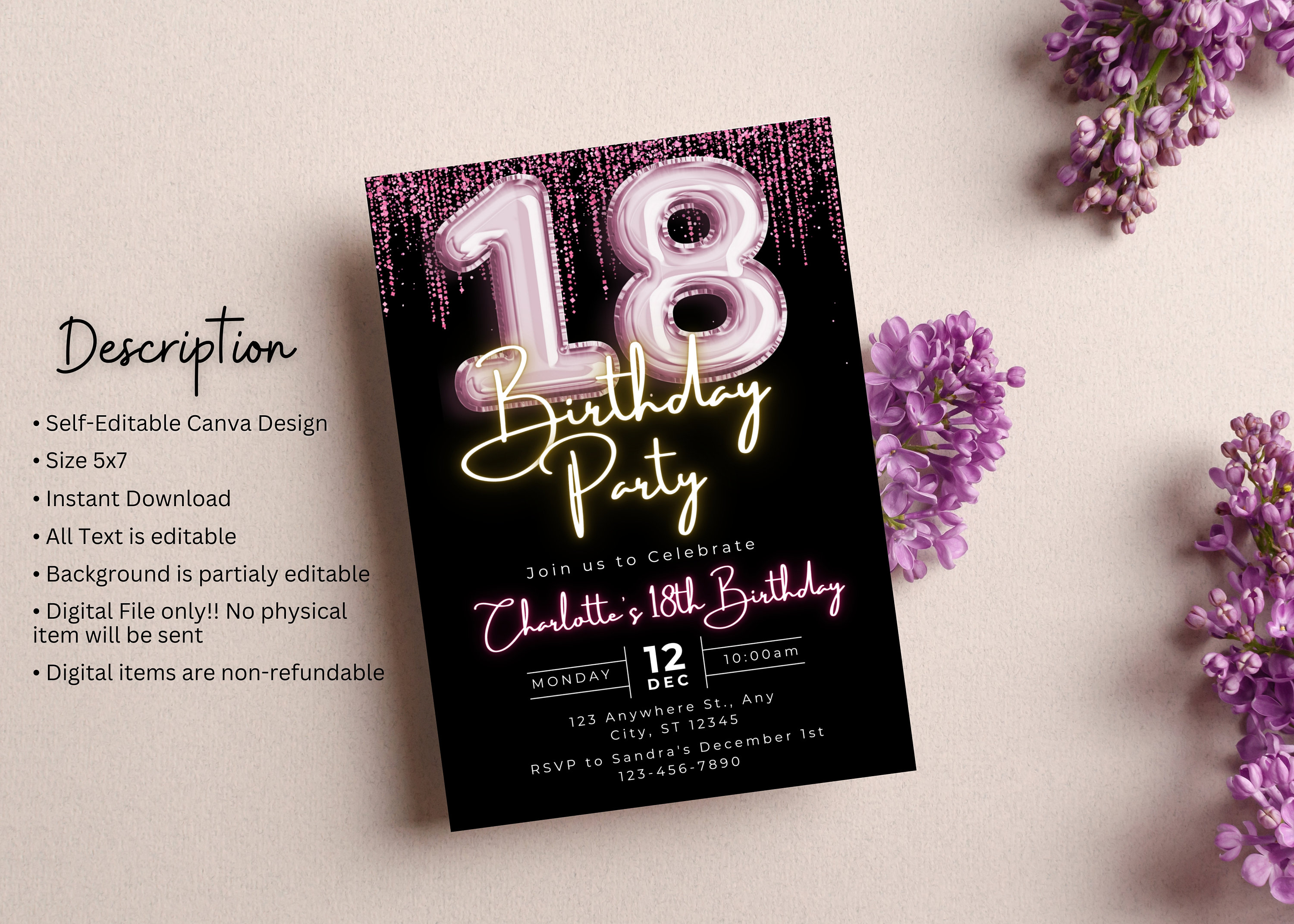 Editable 18th Birthday Invitation Template, Printable Pink Balloon 18th ...