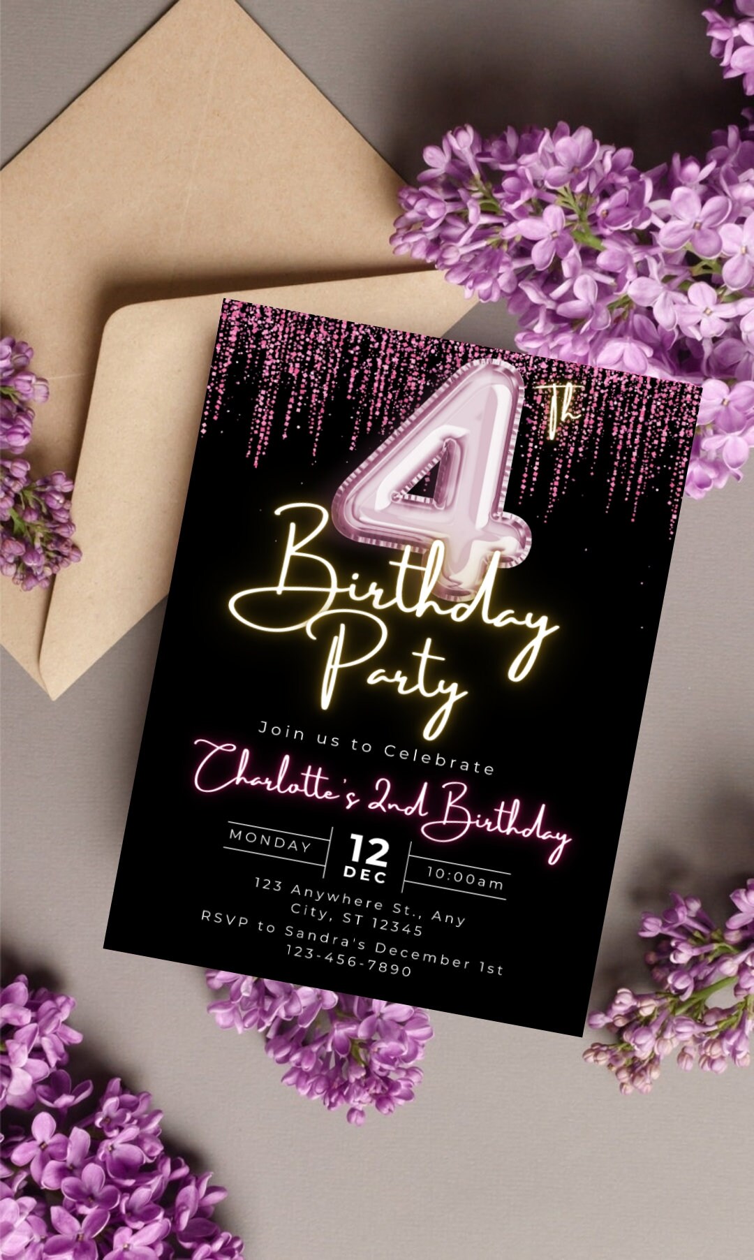Editable Fourth Birthday Invitation Template, Printable Pink Balloon ...