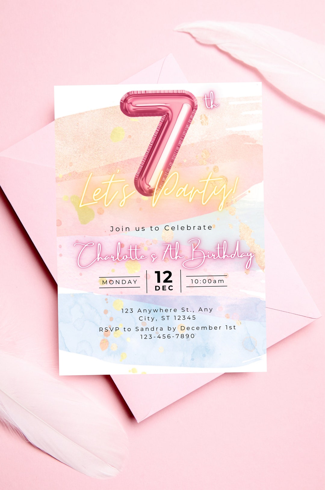 Editable Pastel 7th Birthday Invitation Template, Printable Pink ...