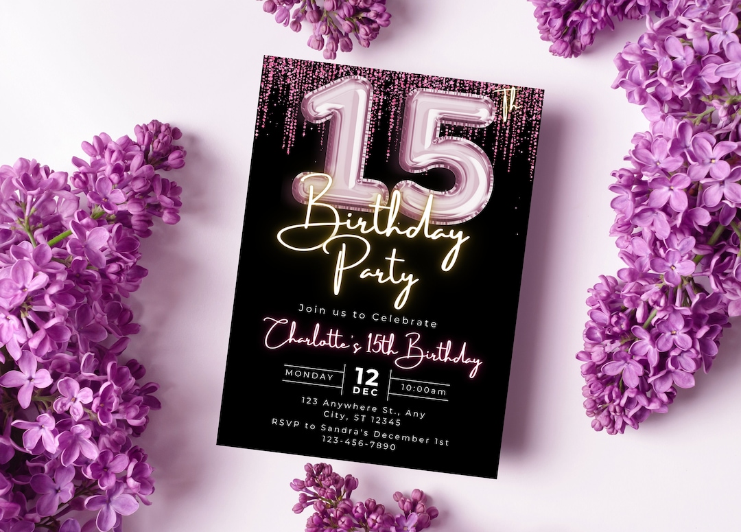 Editable 15th Birthday Invitation Template, Printable Pink Balloon Fifteenth Birthday Party ...