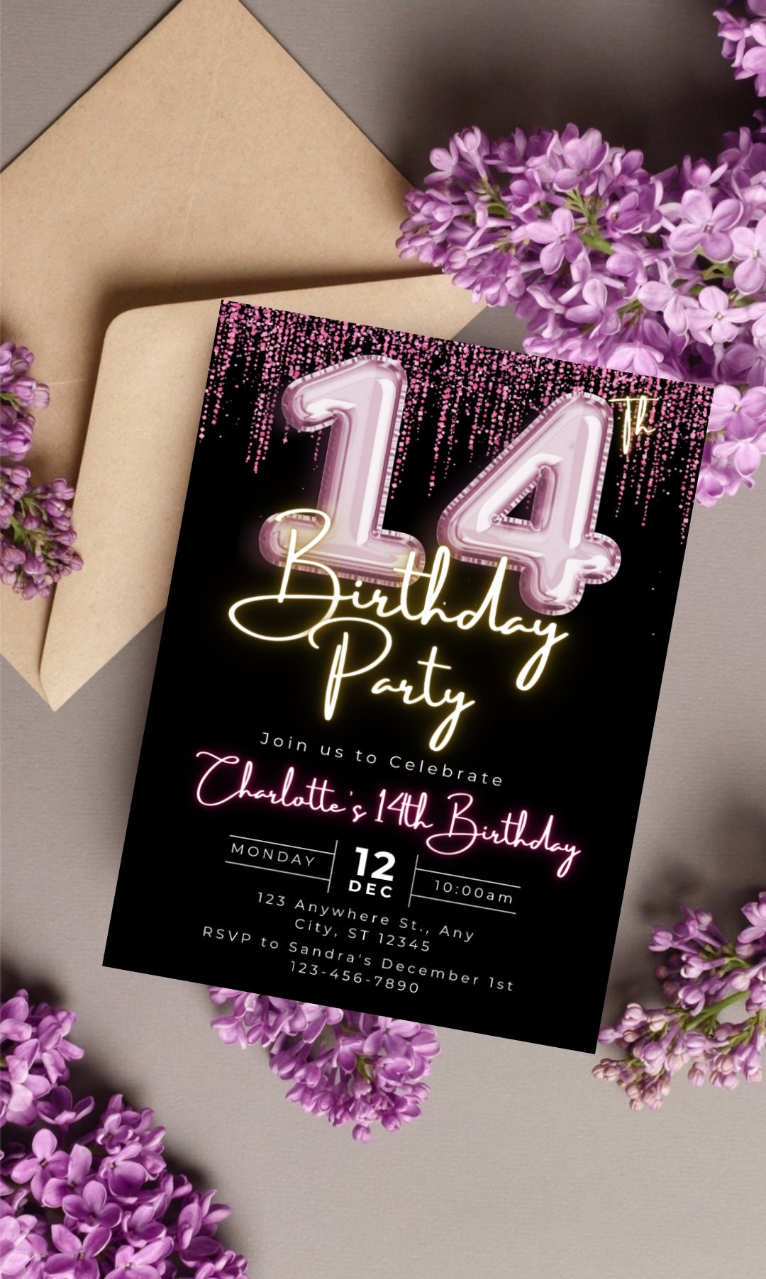 Editable 14th Birthday Invitation Template, Printable Pink Balloon ... Editable 14th Birthday Invitation Template, Printable Pink Balloon ...