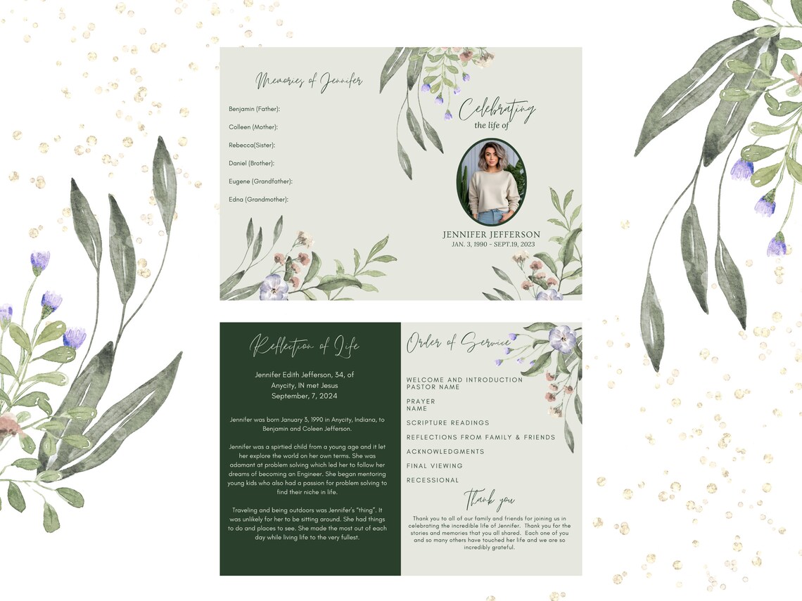 Editable Green Floral Funeral Program Template Celebration of Life ...