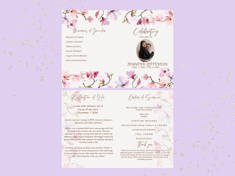 Pink Floral Magnolia Funeral Program Template: Celebration of Life ...