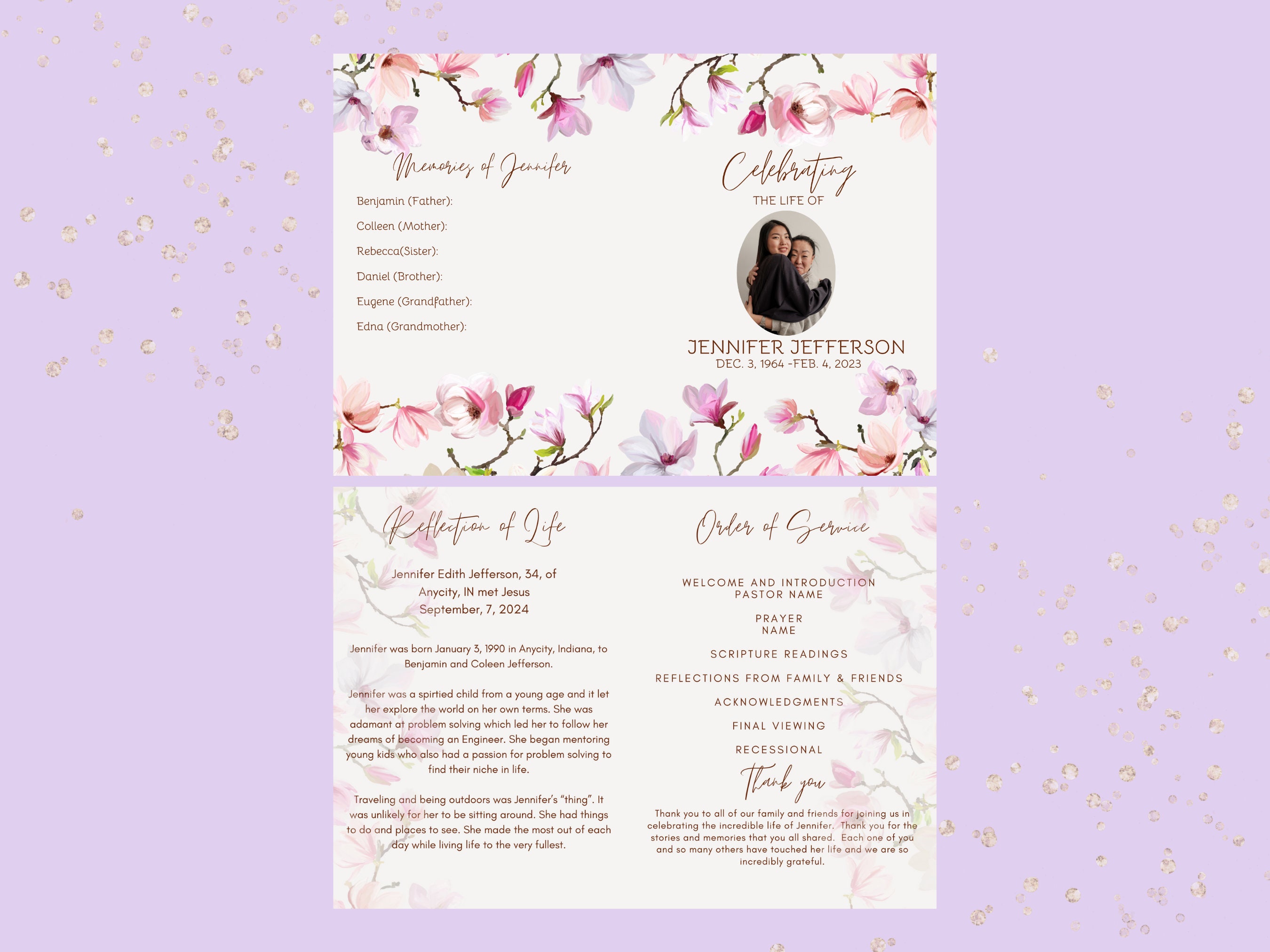 Pink Floral Magnolia Funeral Program Template: Celebration of Life ...