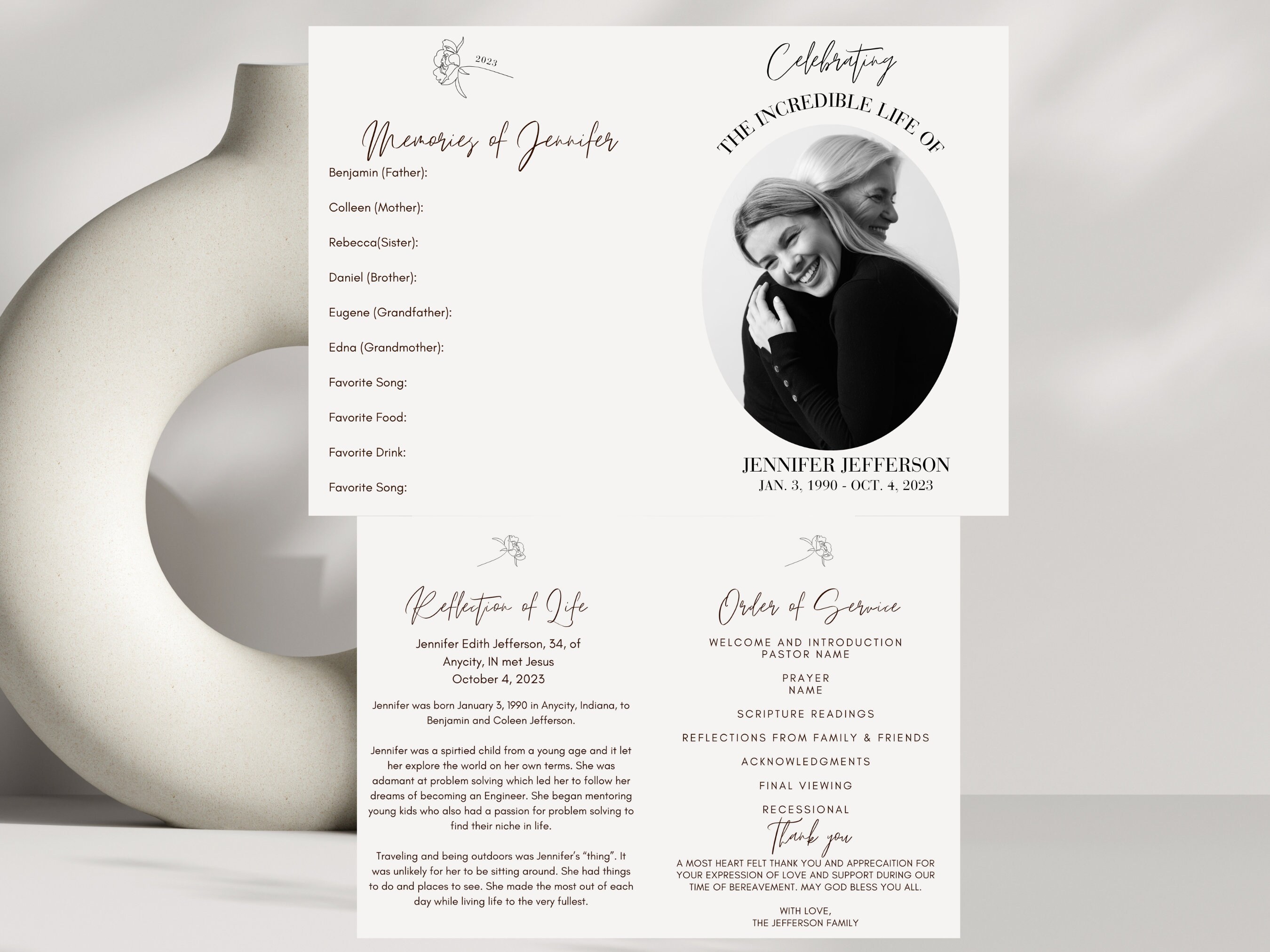 Editable Neutral Funeral Program Template Monochromatic Celebration of ...