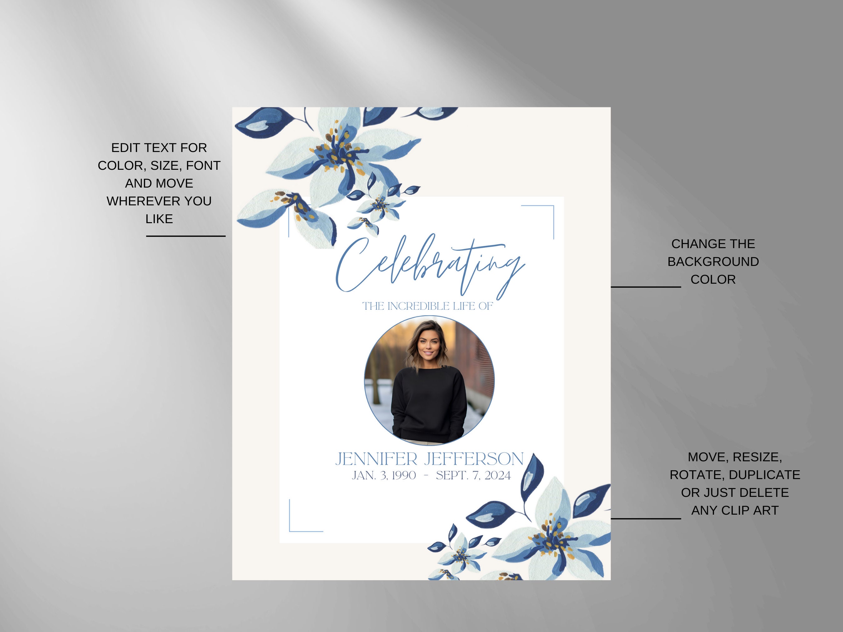 Blue Floral Funeral Welcome Sign Celebration of Life Poster in Loving ...