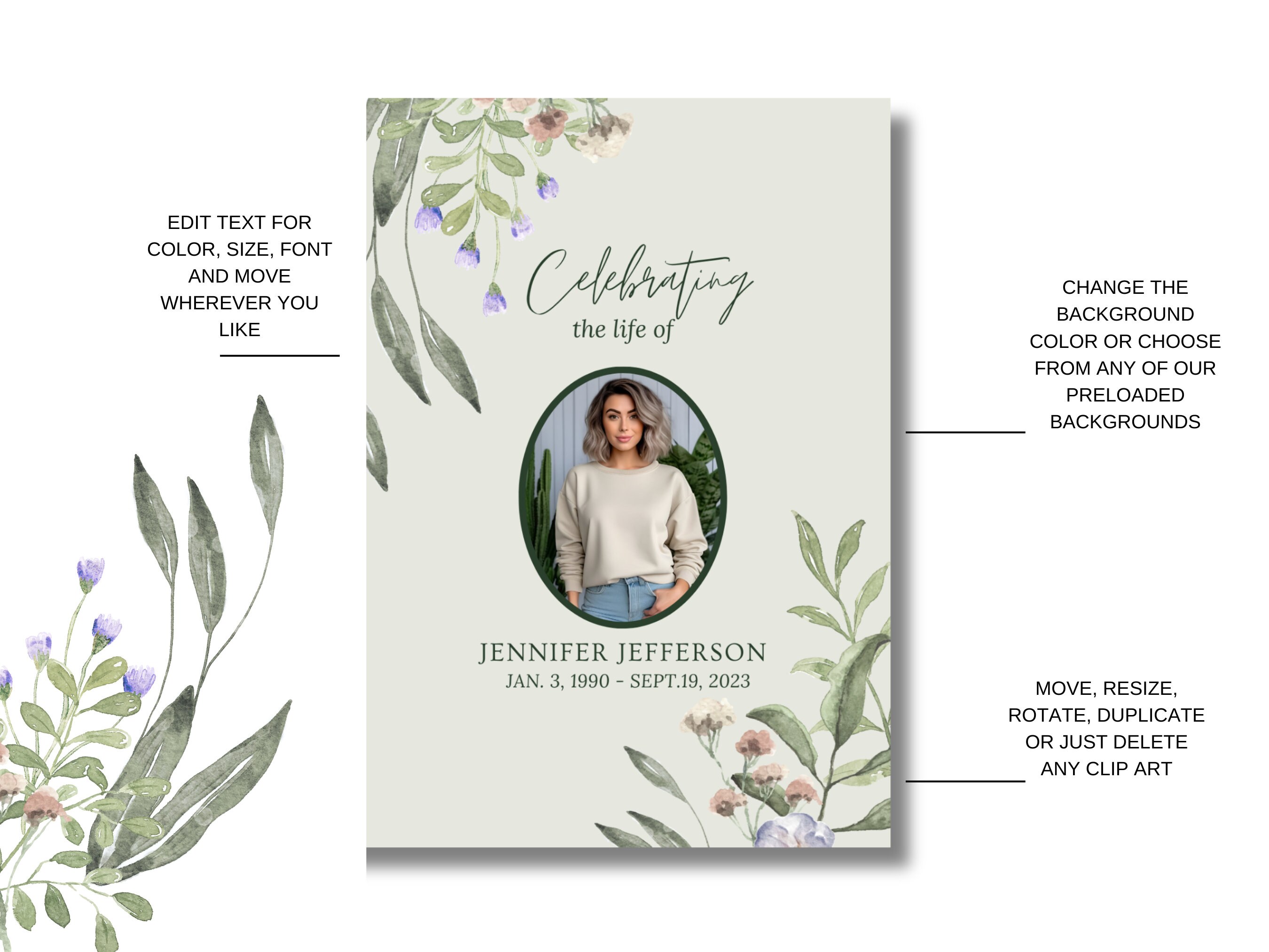 Editable Green Floral Funeral Program Template Celebration of Life ...