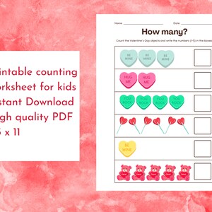 Preschool 3K-4K Valentine's Day Math Counting Worksheet - Etsy