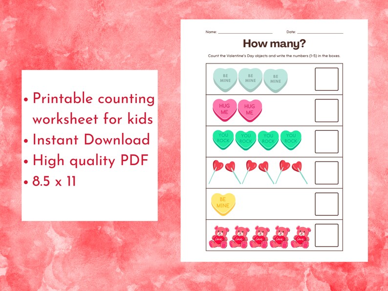 Preschool 3K-4K Valentine's Day Math Counting Worksheet - Etsy