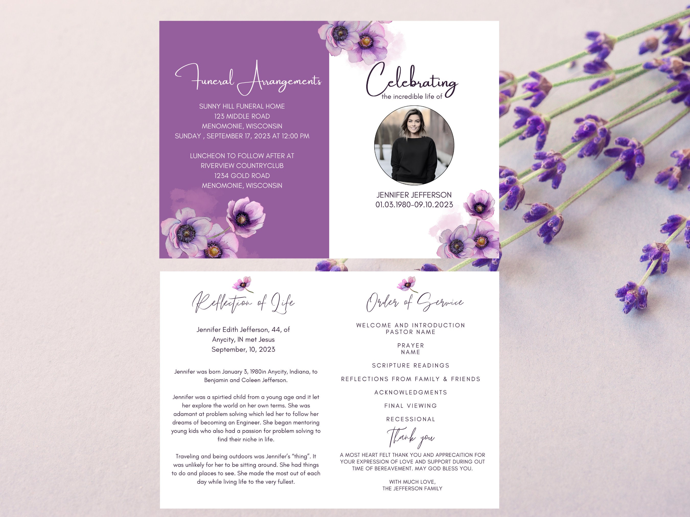 Purple Floral Funeral Program Template Celebration of Life DIY Purple ...