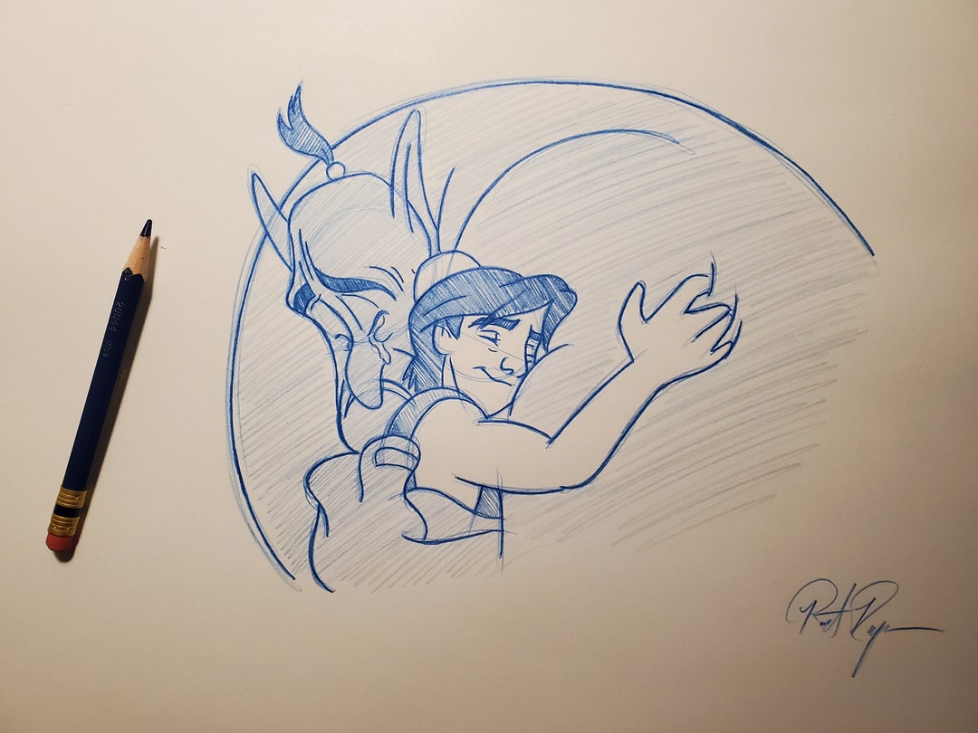 Disney Aladdin and Genie Hugging Drawing/sketch Animation Art - Etsy