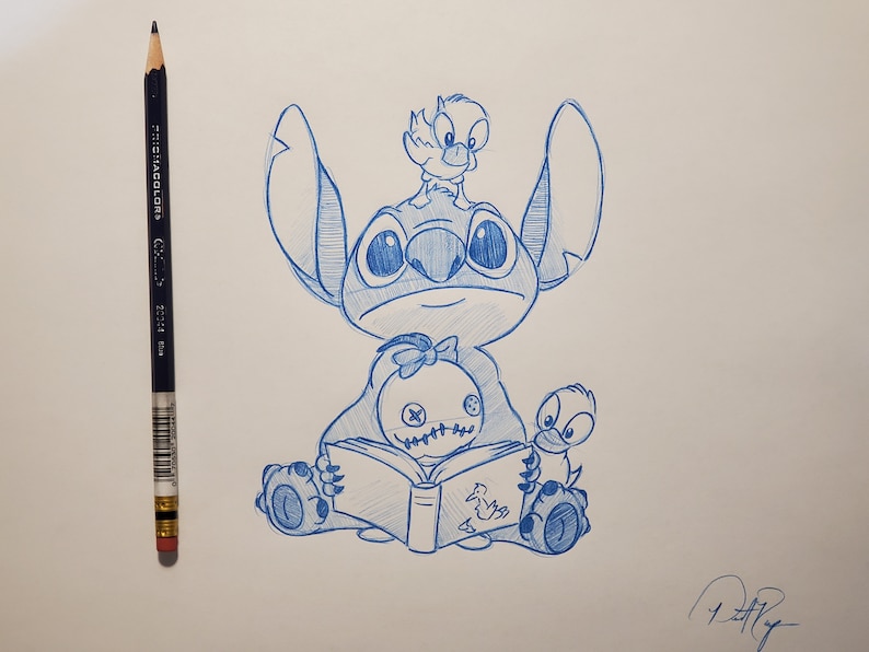 Disney Lilo and Stitch Reading Drawing/sketch Animation Art Handmade ...