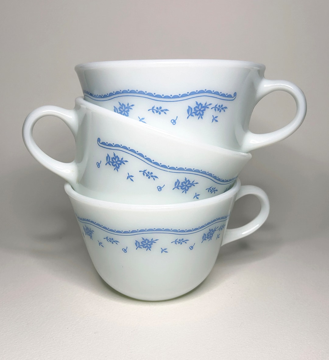 Vintage Pyrex Milk Glass Coffee Tea Cup Mug Morning Blue Flowers Set of ...