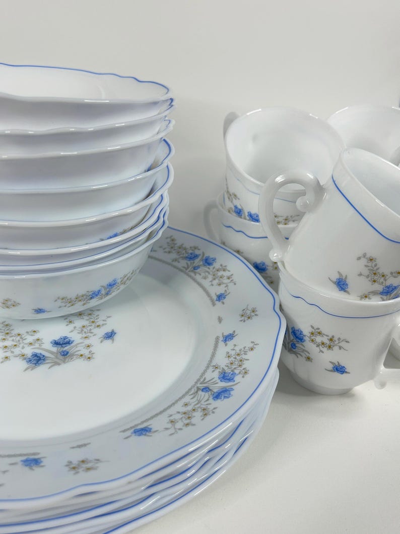 Vintage France Arcopal Milk Glass, Blue and White Flower Blossom ...