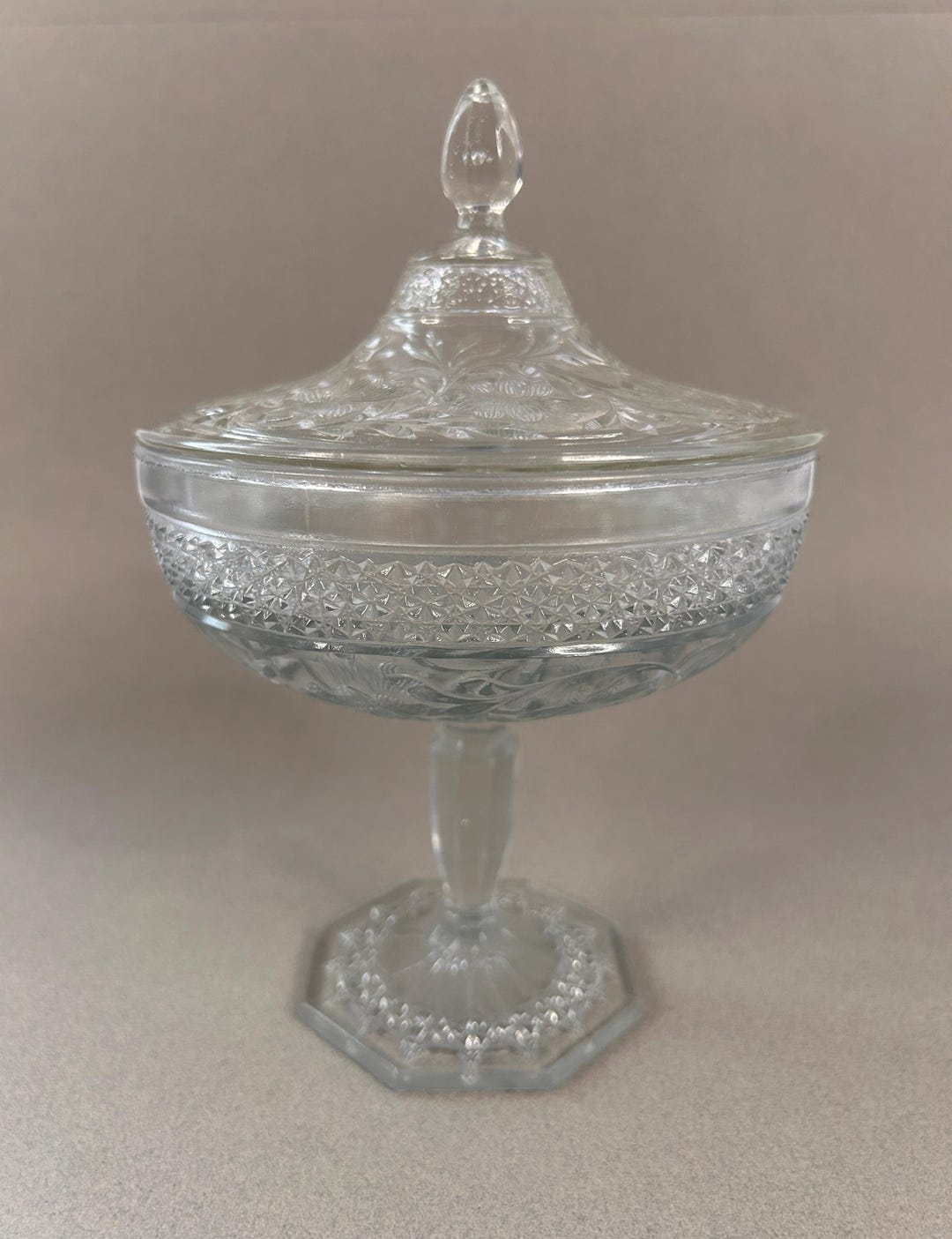 Vintage EAPG Glass Compote / Candy Dish With Lid, Lotus Flowers Vines ...