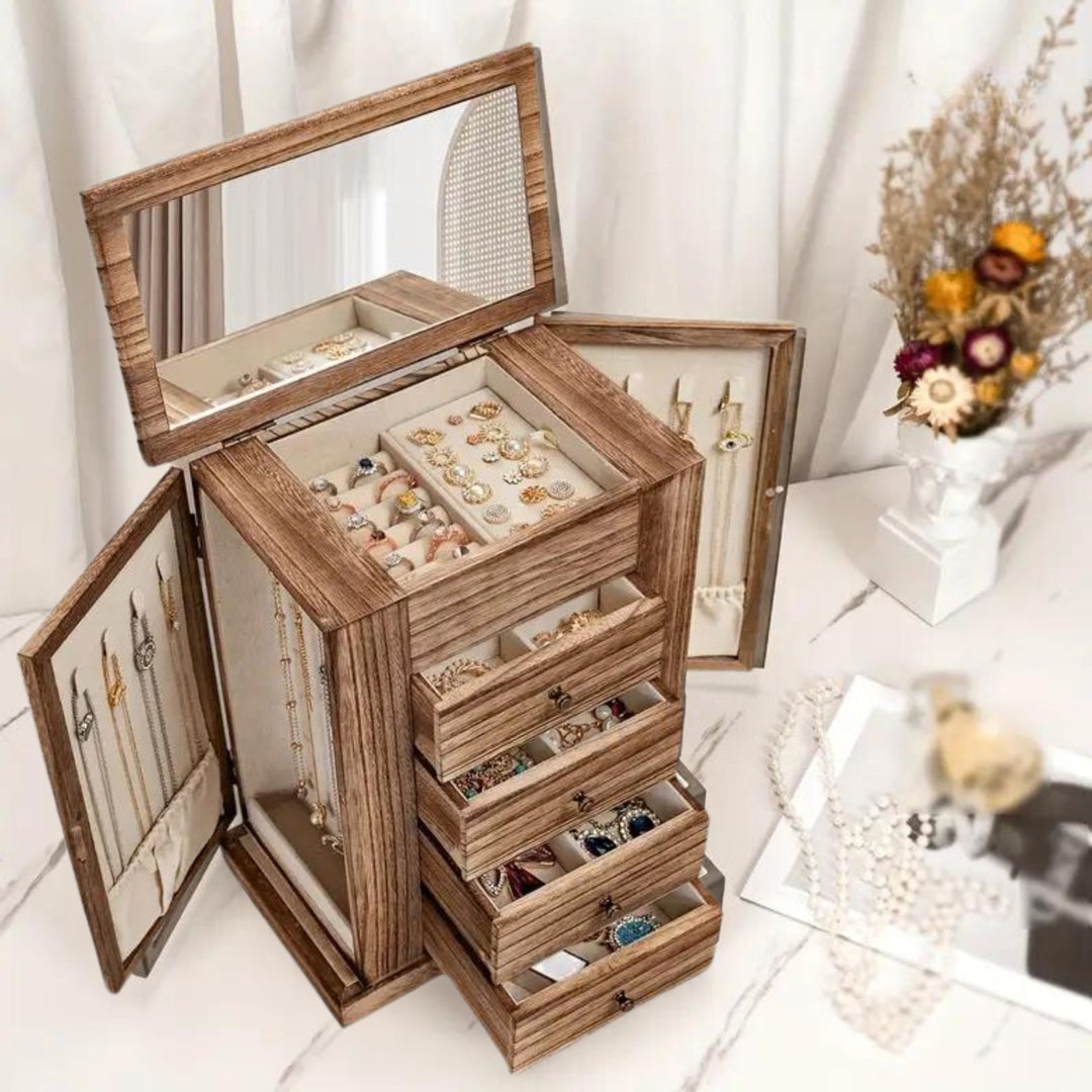 Wooden Rustic Jewelry Box for Women, Organizer With Mirror & Drawers ...