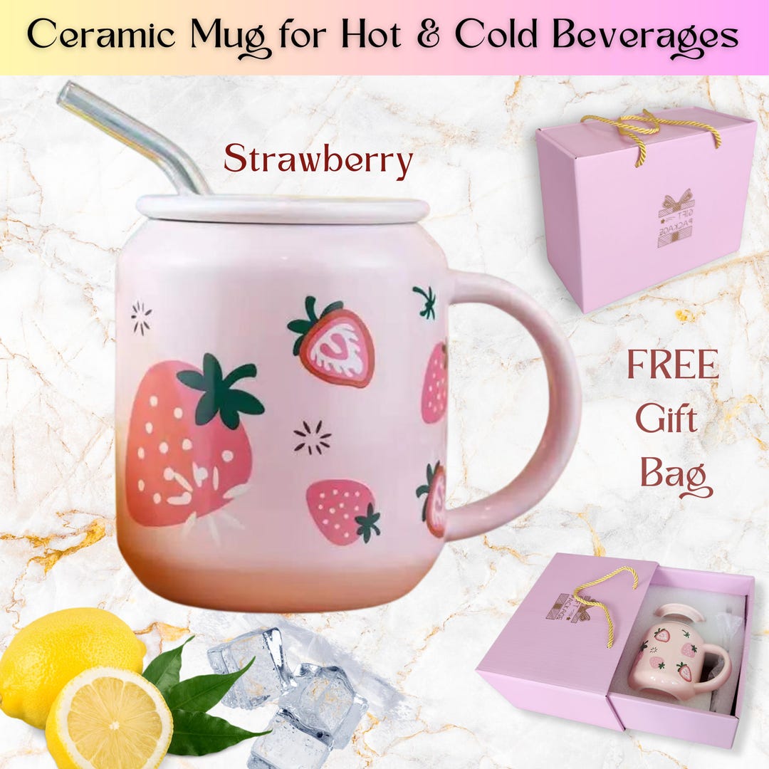 Fruit Design Coffee Tea Water Juice Mug With Lid and Glass Straw for ...
