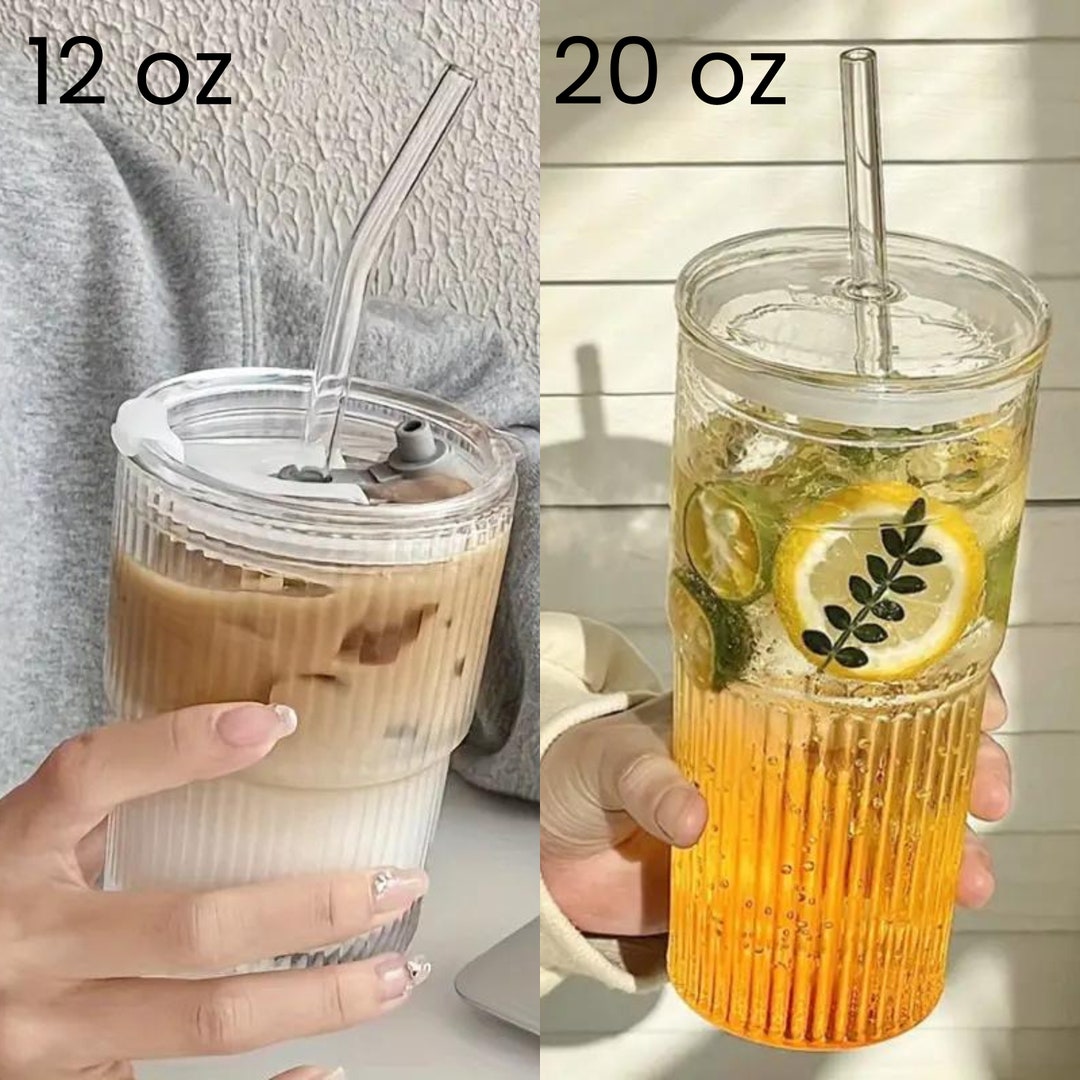 Vertical Striped Ribbed Glass Coffee Mug With Sealed Lid and Glass ...