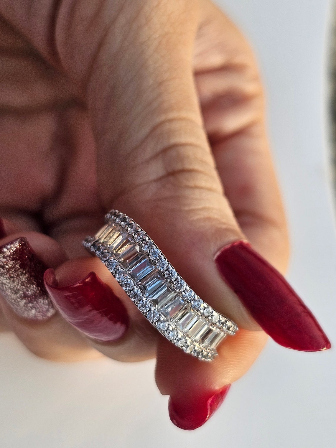 2CT 925 Silver/pure Gold Baguette Cut Solitaire Moissanite Band, Minimalist Emerald Ring Gift ...