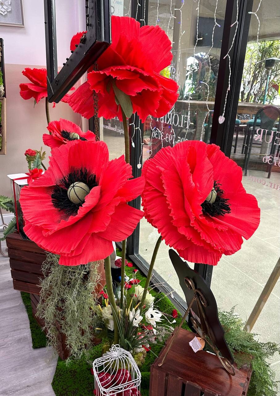 3 Free Standing Paper Flowers on Metal Stand, Red Paper Poppies, Giant ...