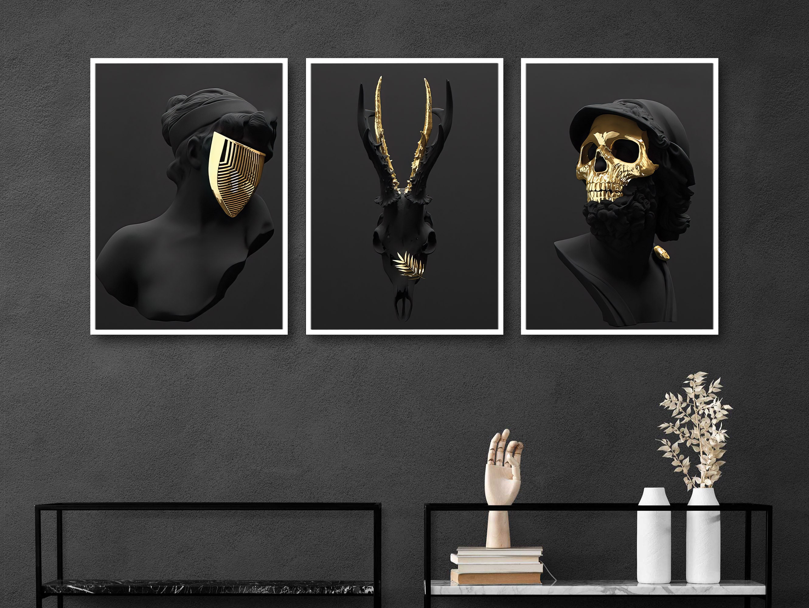 Set of 3 Black Statue, Greek Sculpture, Roman Statue, Gold and Black ...