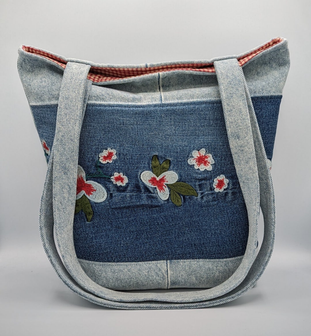 Upcycled Jean Purse Western Red Checkers, Inside Outside Pockets ...