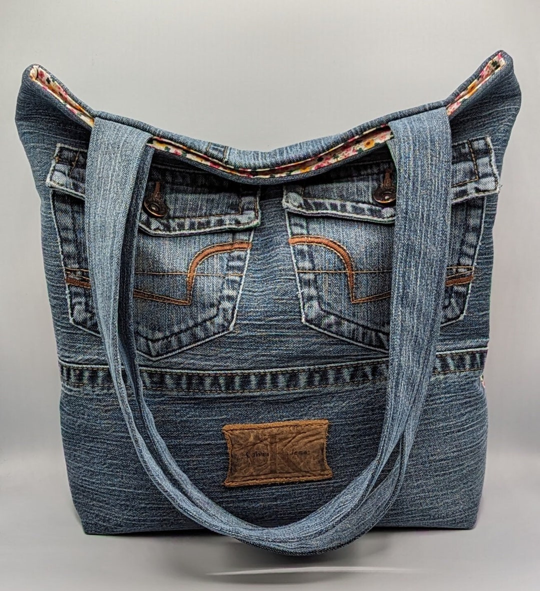 Recycled Denim Tote Bag Pink Floral, Upcycled Jean Purse Inside Outside ...
