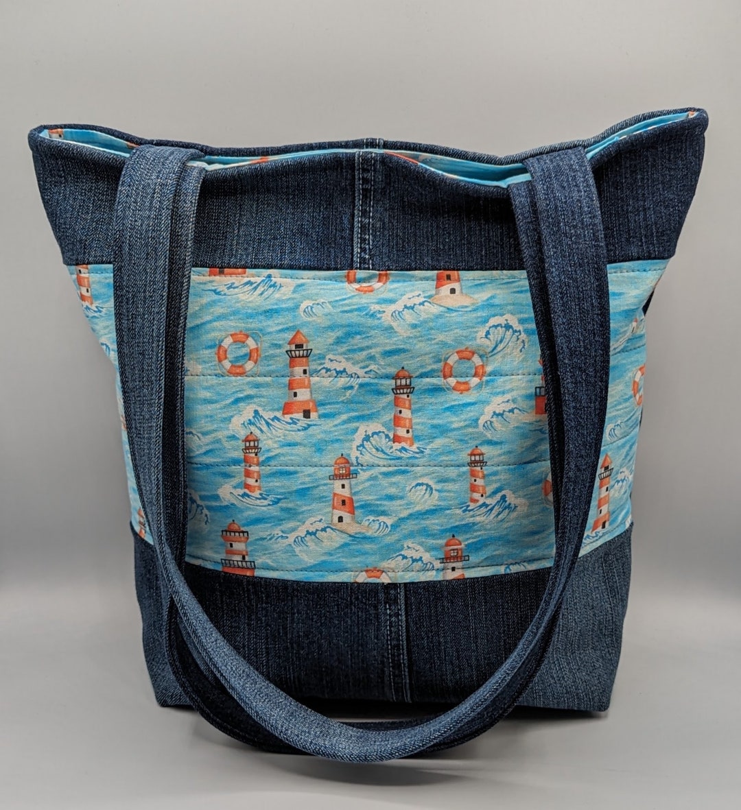 Upcycled Denim Shoulder Bag Lighthouse Recycled Jean Purse Inside ...