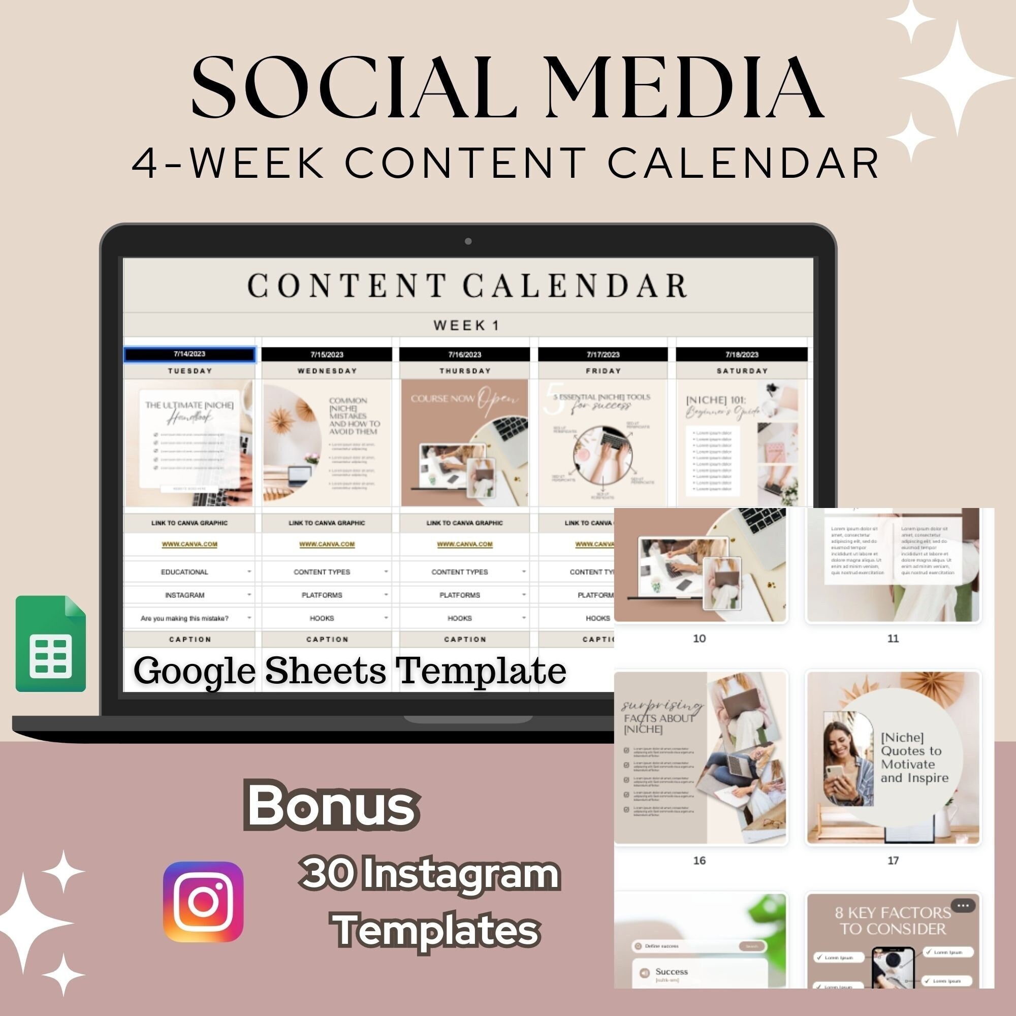 Editable 4-week Social Media Content Calendar & Instagram Planner ...