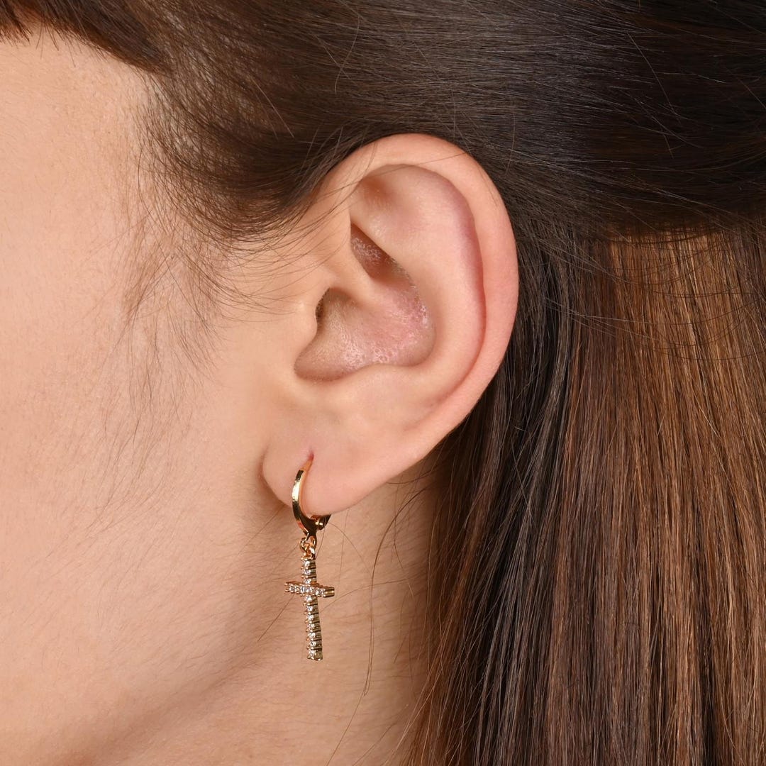 Shiny Stainless Steel Cross Earrings, Women's Hoop Earrings With Cross ...