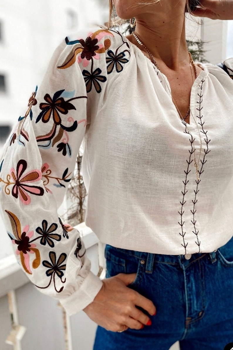 Floral Embroidered Blouse, Cotton Blouse, Women Shirt, Boho Embroidered ...
