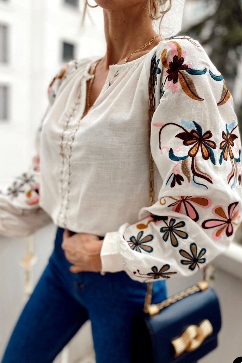 Floral Embroidered Blouse, Cotton Blouse, Women Shirt, Boho Embroidered ...