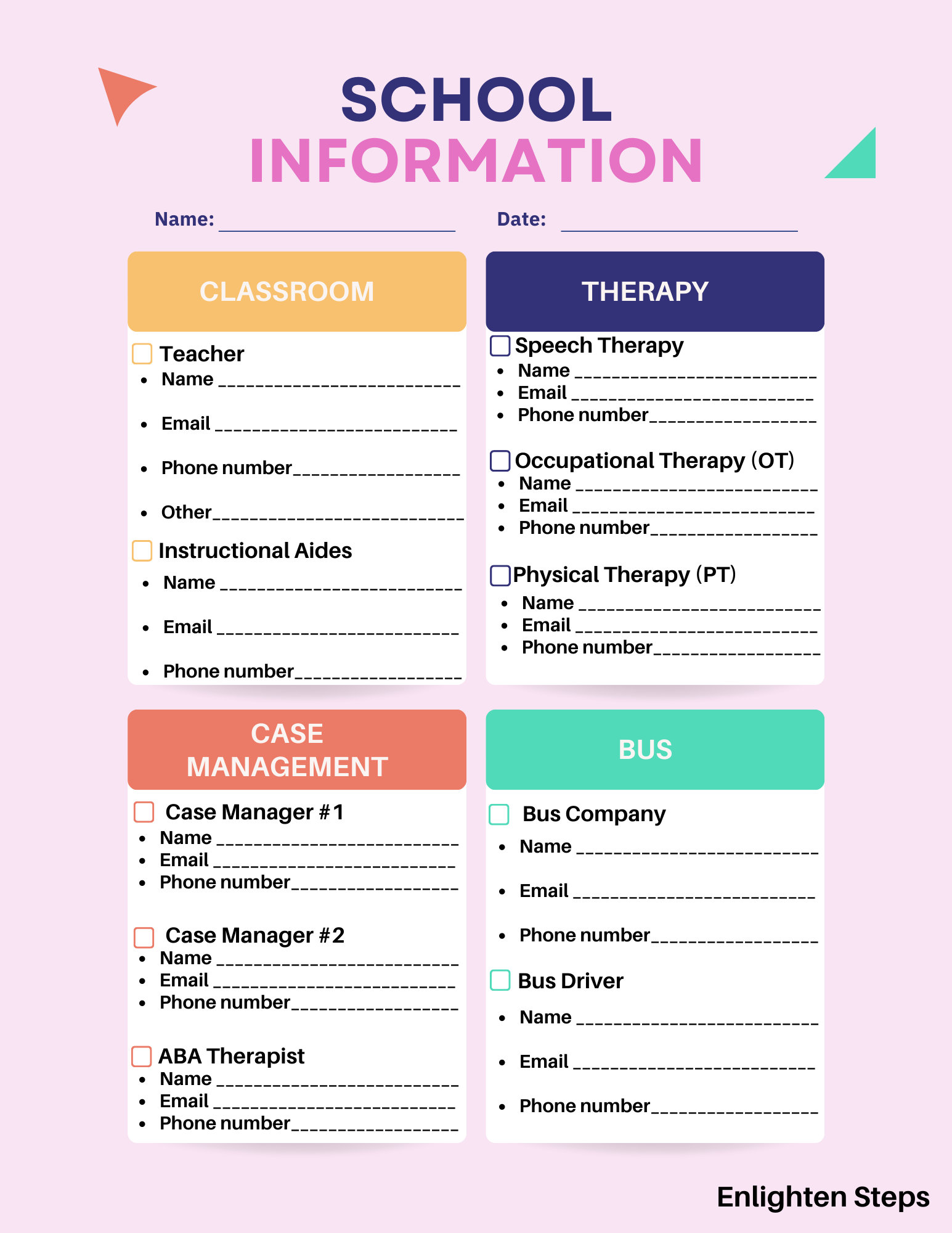 School Information Form and Checklist - Etsy