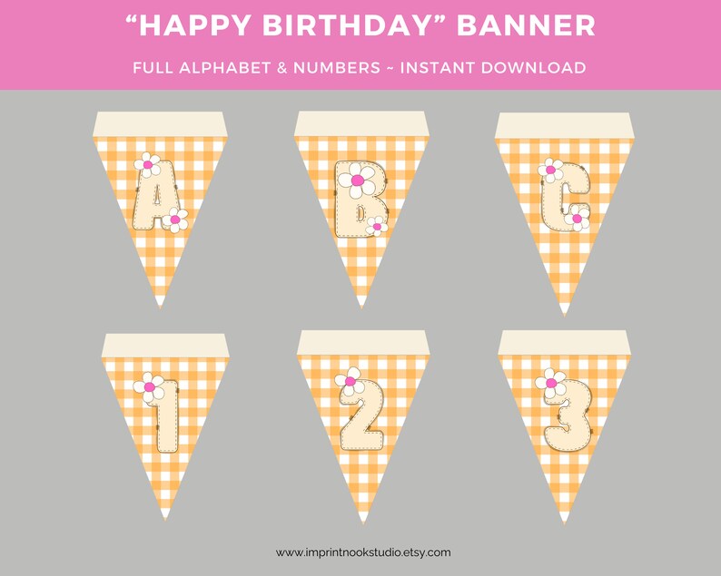 Daisy Happy Birthday Banner, Happy Birthday Flag Decor, Gingham and ...