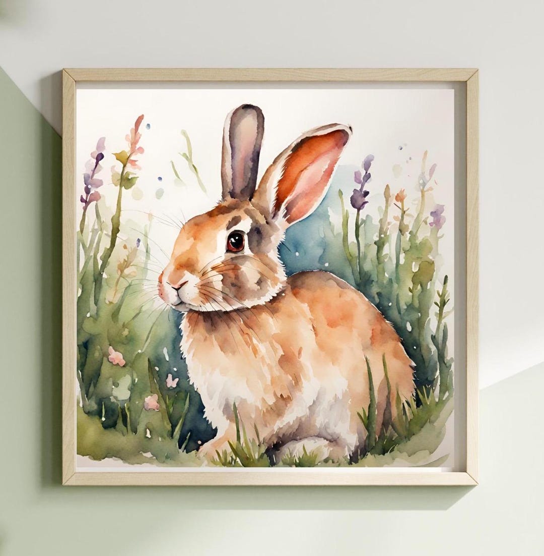 Printable Watercolor Rabbit Wall Art, 12x12 Black and White Bunny With ...