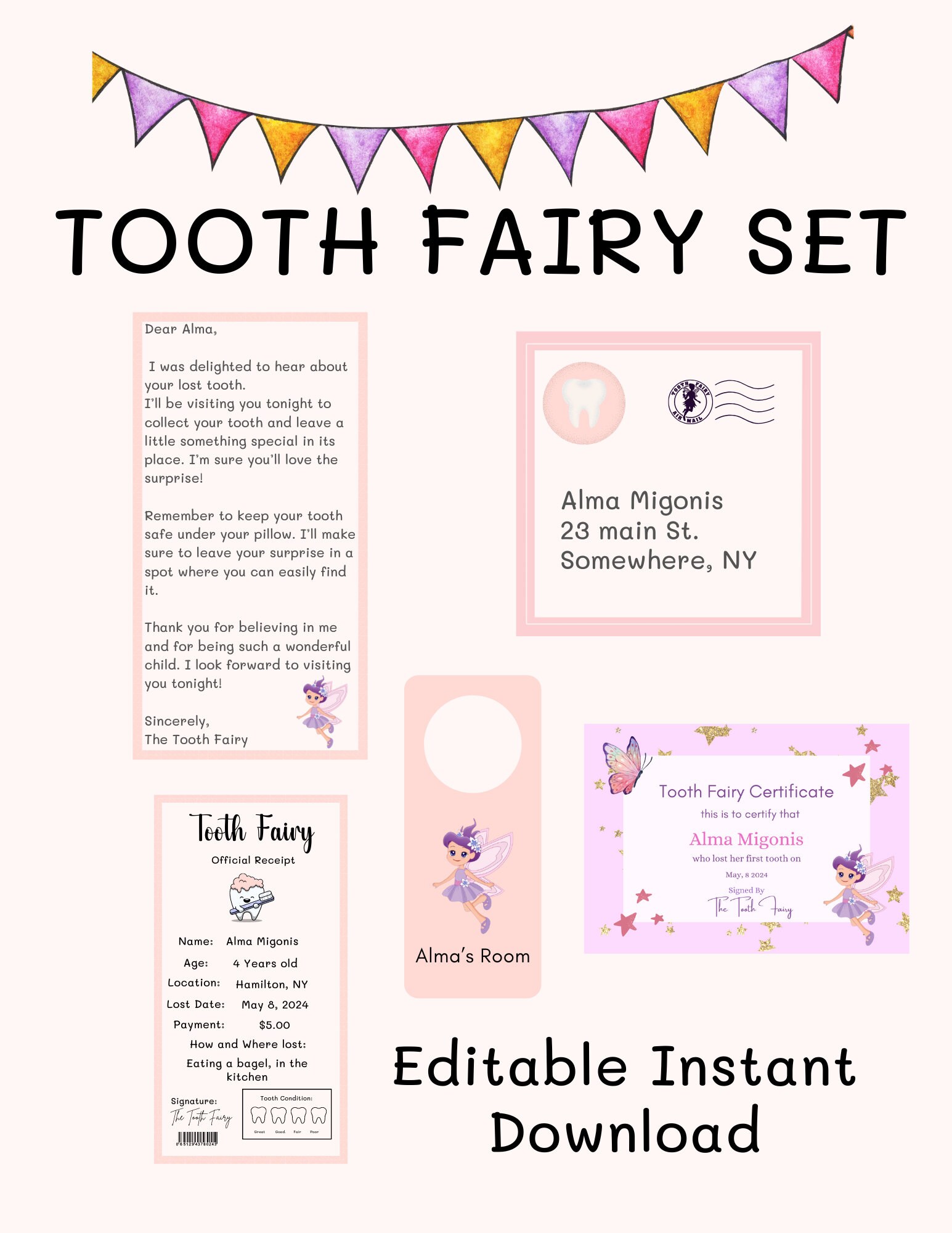 Printable Pink TOOTH FAIRY Bundle With Letter, Receipt, Envelope, Door ...