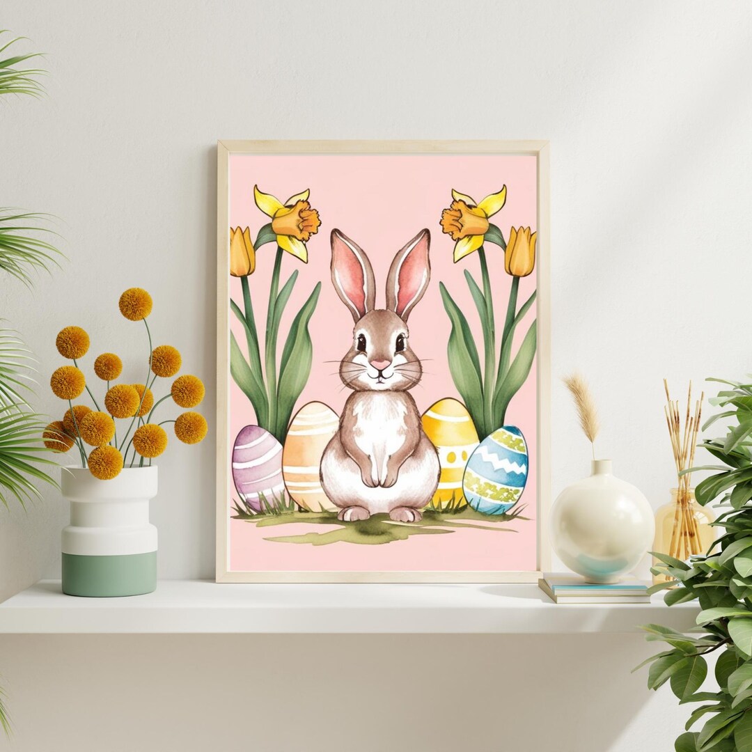 Cute Easter Bunny Digital Wall Art Print, Spring Tulips and Colorful ...