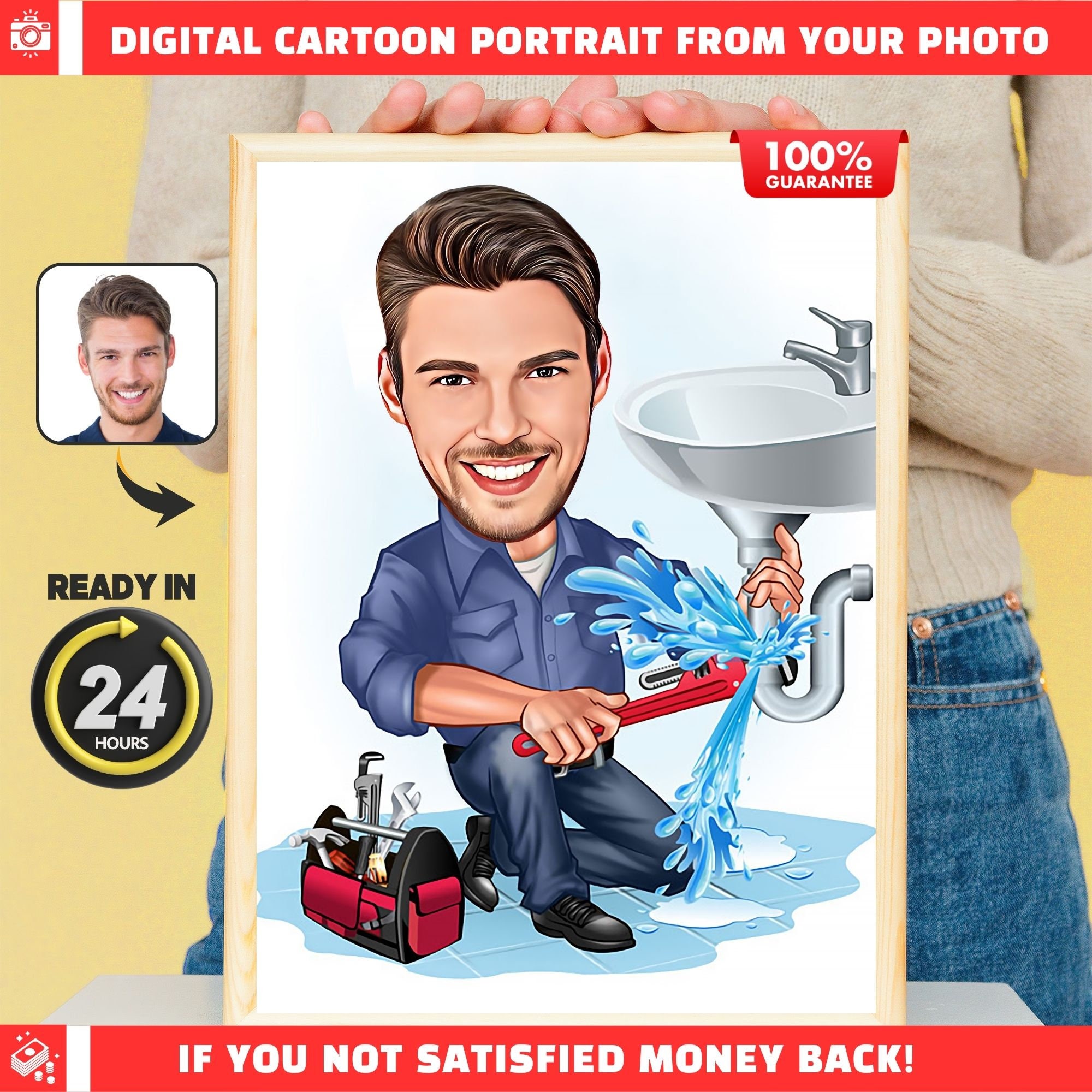 Custom Caricature From Your Photo: Personalized Plumber Gift Portrait ...