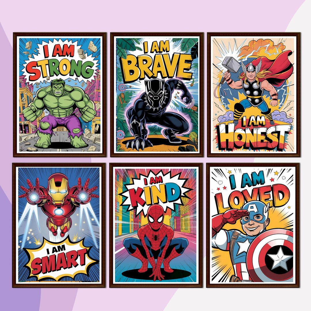 Set of 6 Superhero Wall Art With Affirmations, Nursery Prints, Boys ...