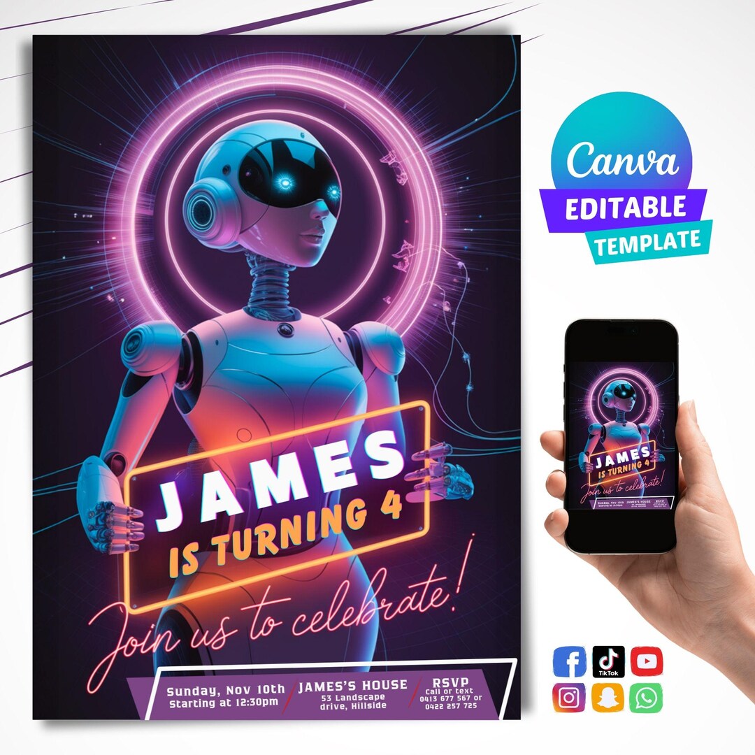 Robot Themed Editable Invitation, Robot Invitation Kid Birthday, Robot ...