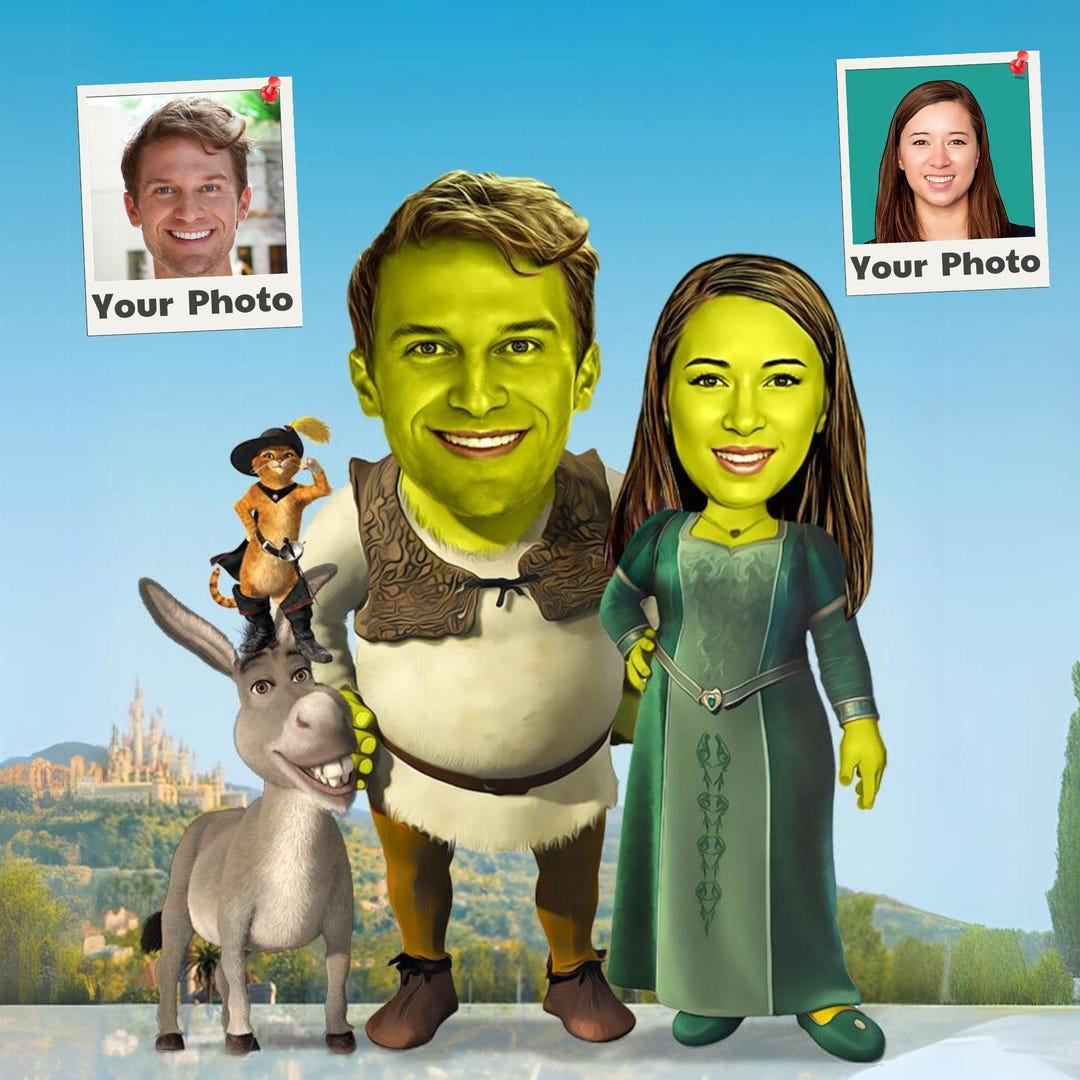 Personalized SHREK Caricature, Hero Couple, Shrek Birthday, Couple ...