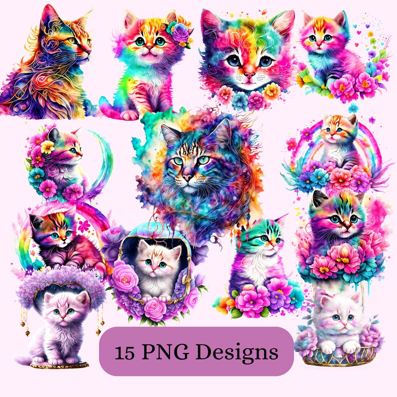 15 PNG Colorful Kitten Cat With Flowers Cat Watercolor Sublimation ...