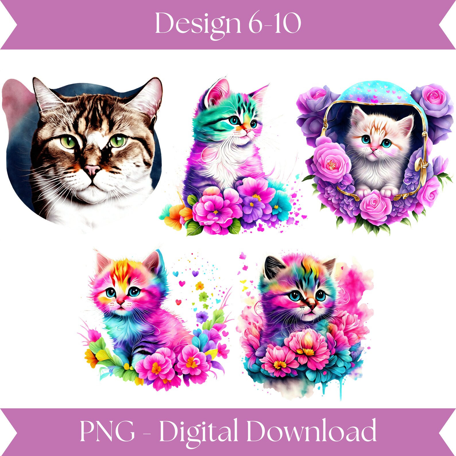 15 PNG Colorful Kitten Cat With Flowers Cat Watercolor Sublimation ...