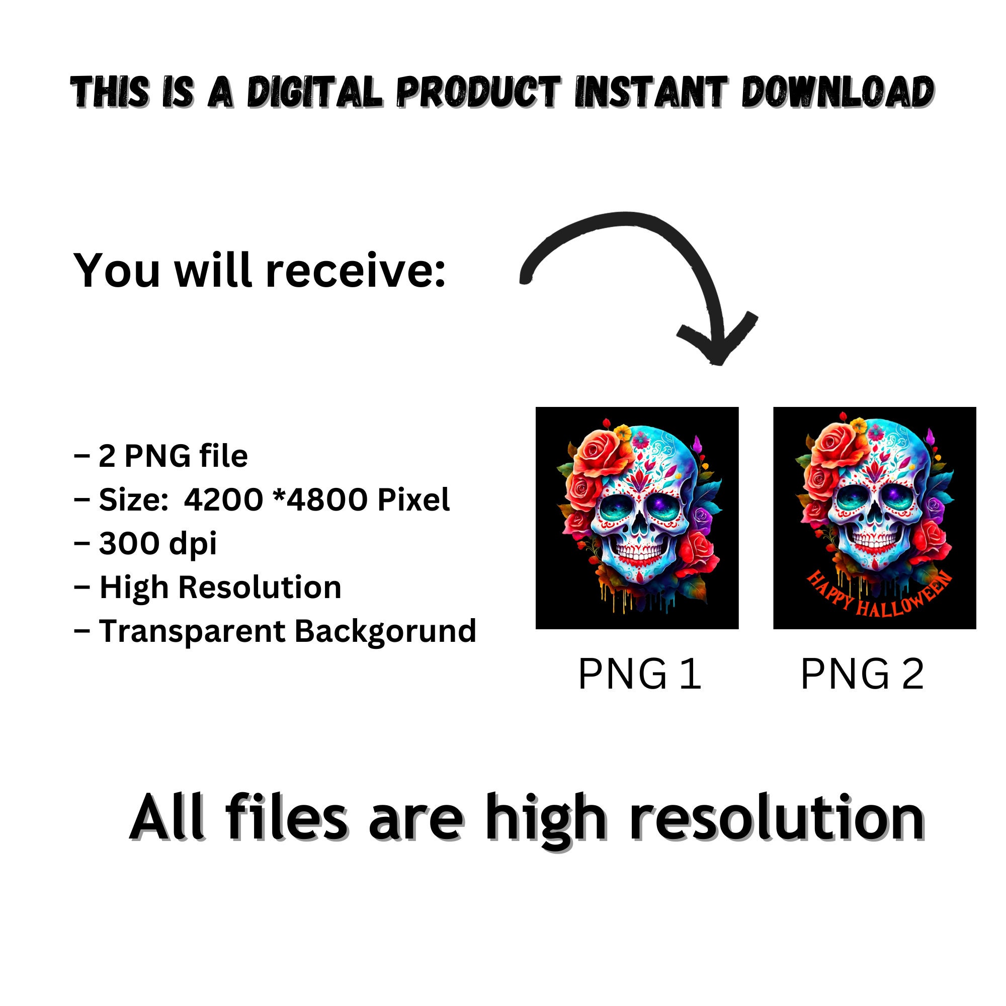 Colorful Sugar Skull With Roses PNG Skeleton Funny Scary PNG - Etsy