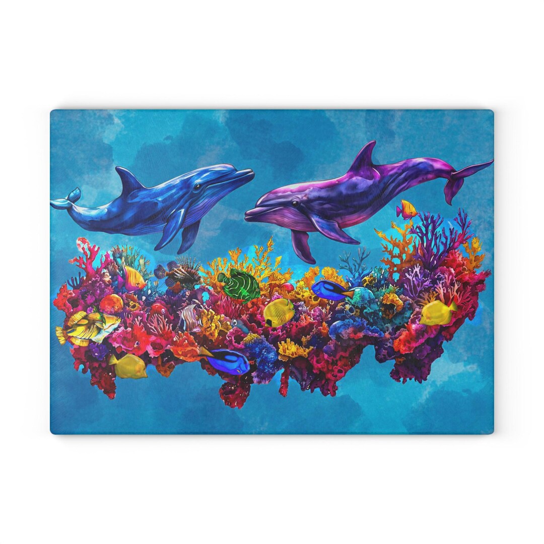 Dolphins at Play, Tropical Reef, Colorful Fish, Tempered Glass Cutting ...