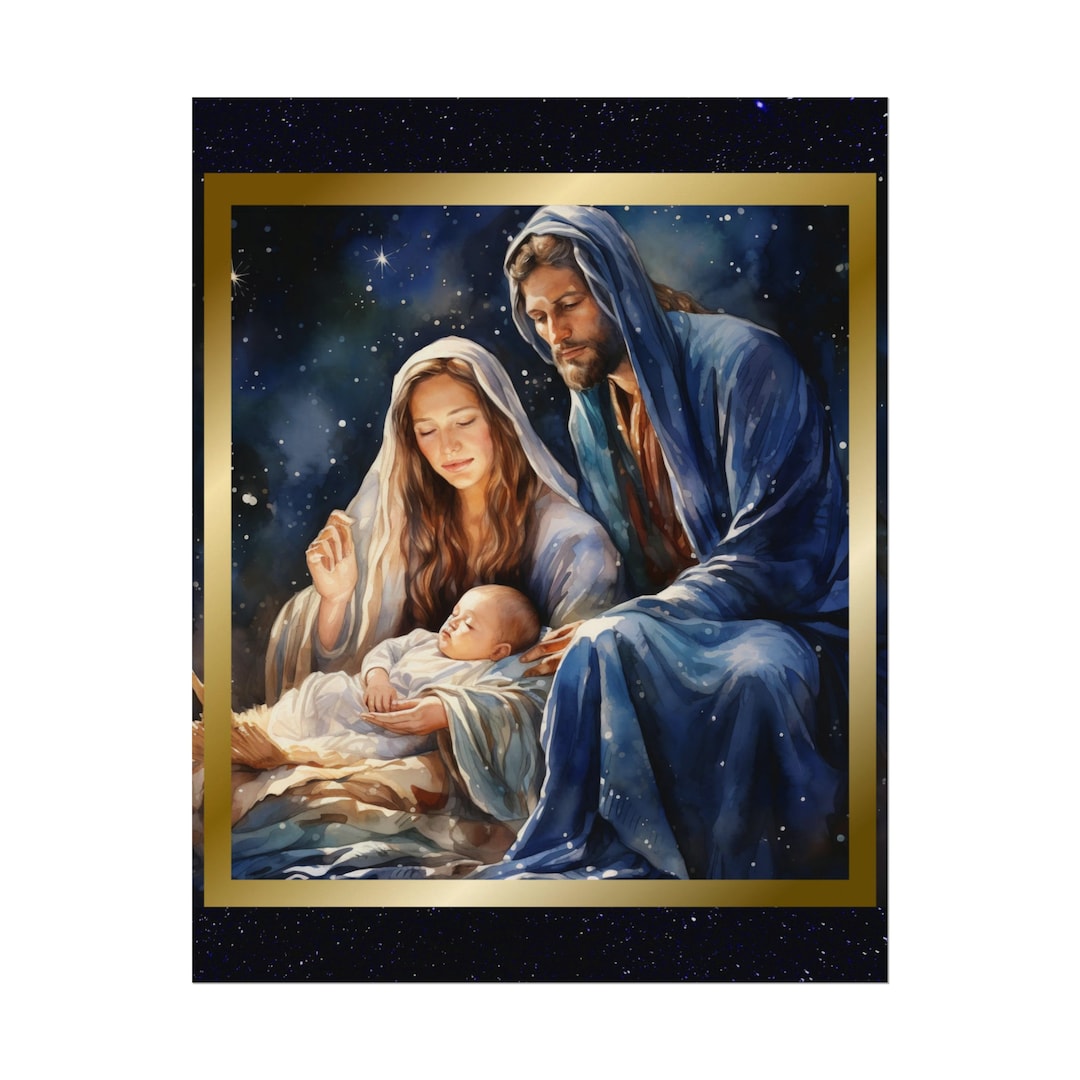 The Nativity: Jesus, Mary and Joseph on a Starry Background Textured ...