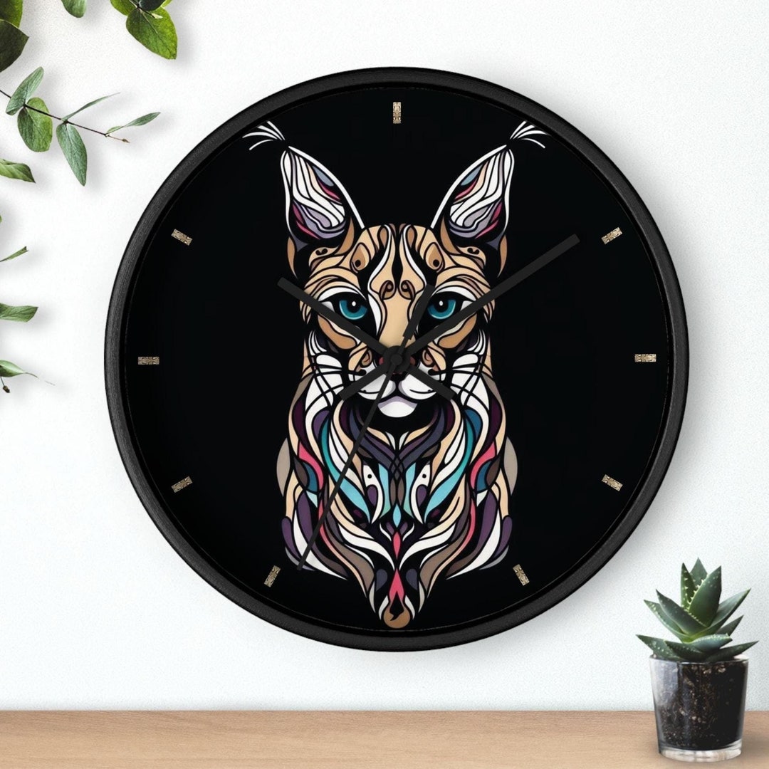 Caracal Cat Wooden Circle Wall Clock - Modern Marbling Art Decor ...