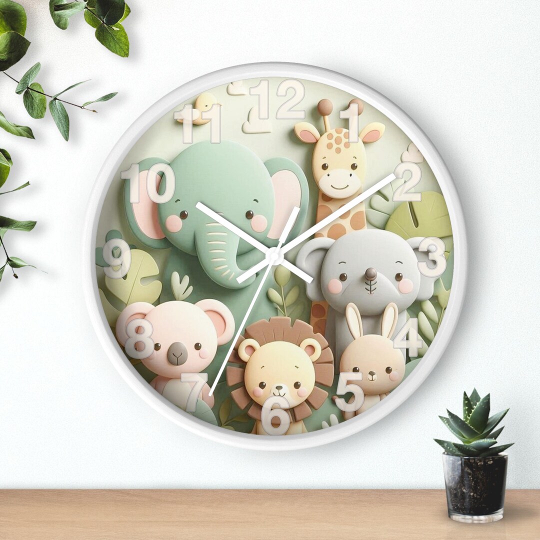 Pastel Jungle Friends Wall Clock for Baby Nursery With Wooden Frame - Etsy